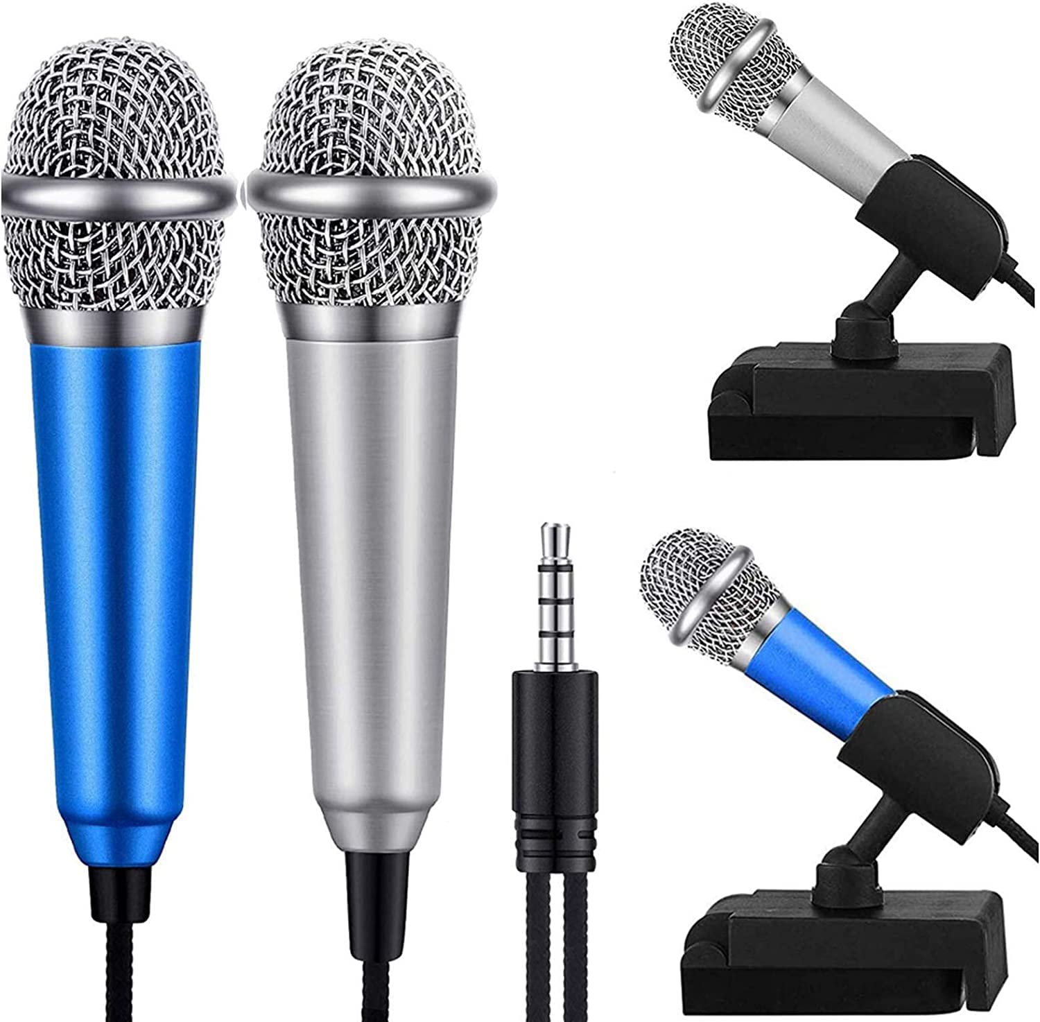 Mini Microphone Tiny Microphone Karaoke Tiny Portable Vocal and Recording for Mobile Phone Laptop Notebook Apple iPhone Samsung Android(2psc Blue Silver)