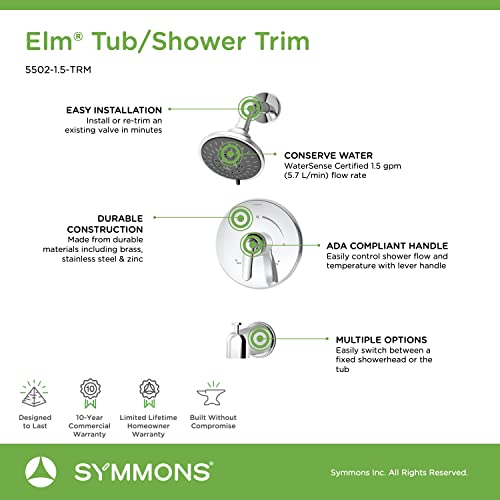 Symmons 5502-1.5-TRM Elm Single Handle 5-Spray Tub and Shower Faucet Trim ,Chrome - 1.5 GPM (Valve Not Included)