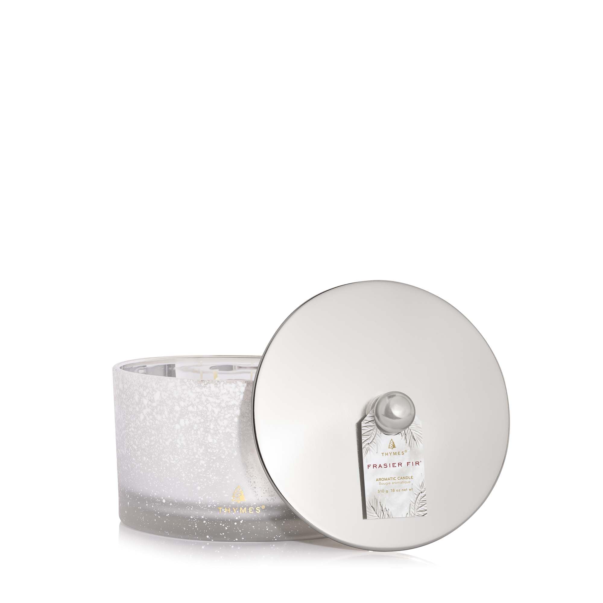 Thymes Frasier Fir Flocked 3 Wick Candle â White Candle Jar Design â Large Candles for Home Scented with Notes of Crisp Siberian Fir, Cedarwood and Sandalwood - Home Decor â Holiday Candle (18 oz)
