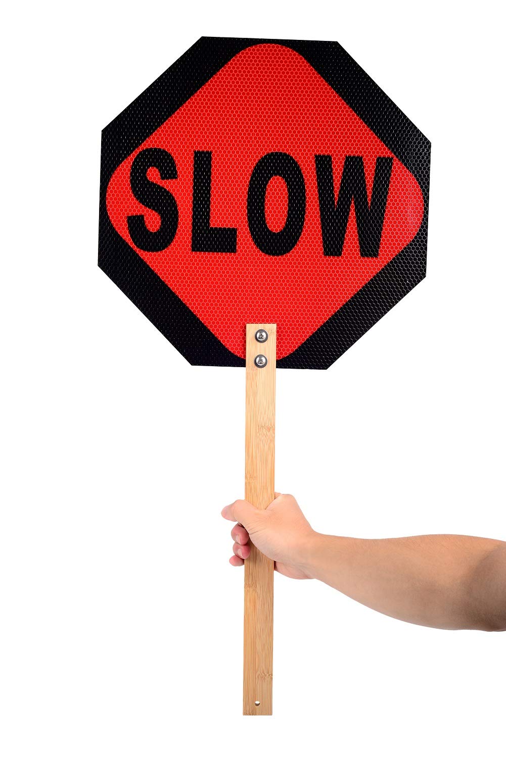 Kichwit Stop Slow Sign, 13" Double Sided Handheld Stop Sign, Street Slow Reflective Sign with Bamboo Handle, Aluminum