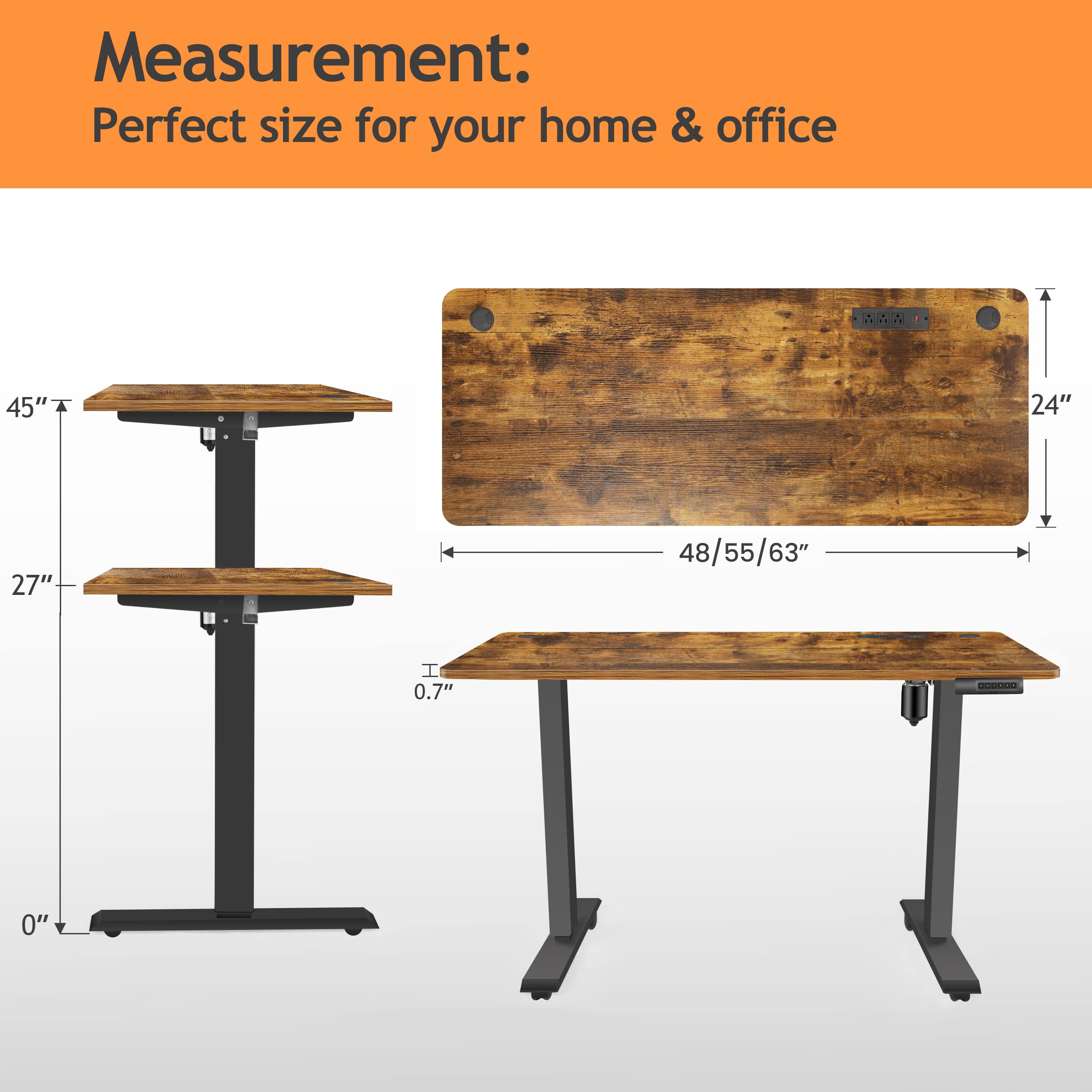 Legooin Electric Adjustable Height Standing Desk, 55×24 Inches Sit Stand Desk with Power Socket, 2 USB Ports, 3 Power Outlets, 4 Wheels,4 Memory Buttons Home Office Desk (Brown)