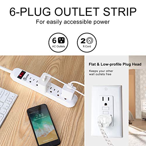 Power Strip Surge Protector CFMASTER 6 Outlets 2ft Long Extension Cord with Braided Fabric, 300 Joules, Wall-Mounted Strip, Overload Protection, for Home, Office (2 Pack)