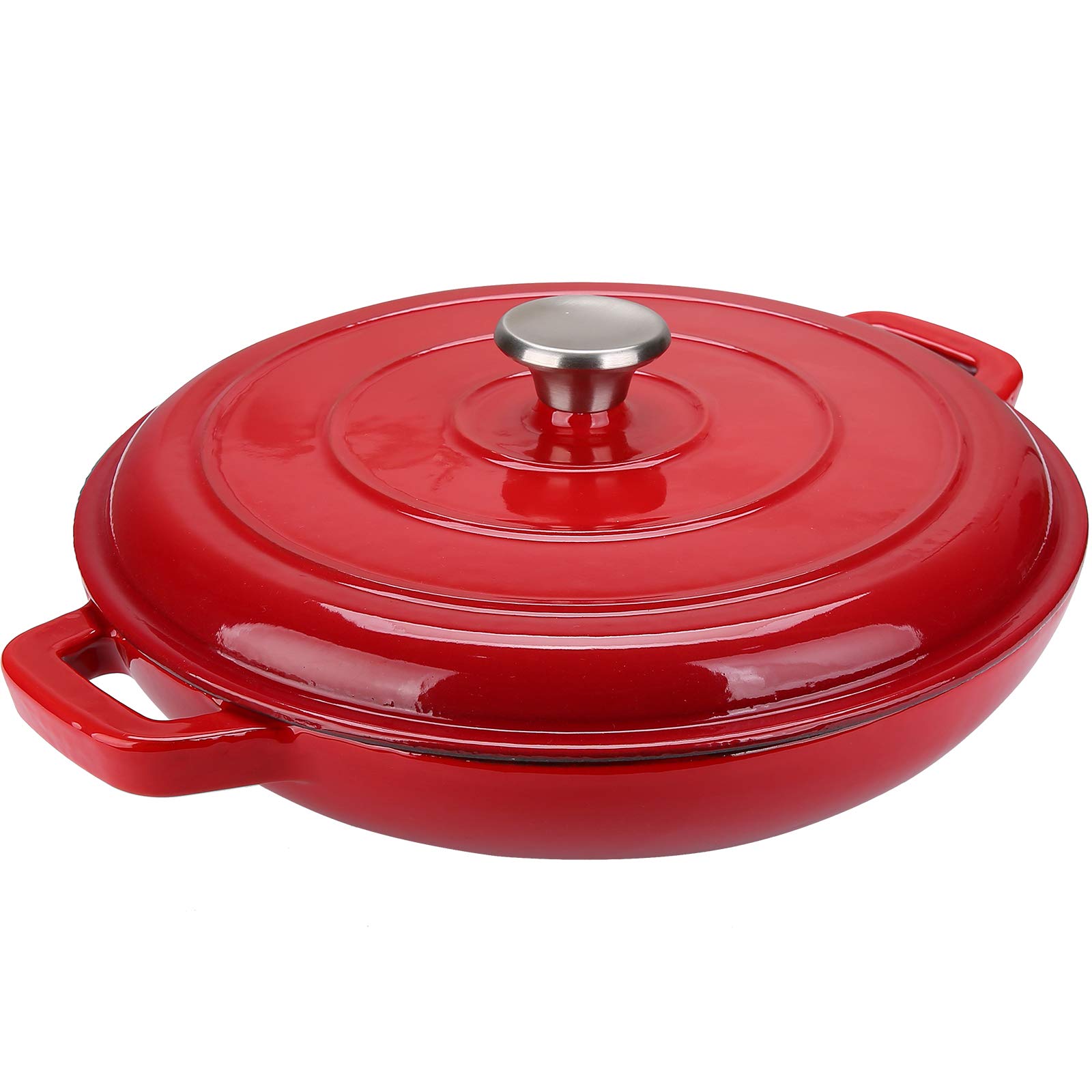 Puricon Enameled Cast Iron Casserole Braiser Pan 3.8 Quart, 12 Inches Enamel Cookware Skillet with Lid and Dual Handles -Red