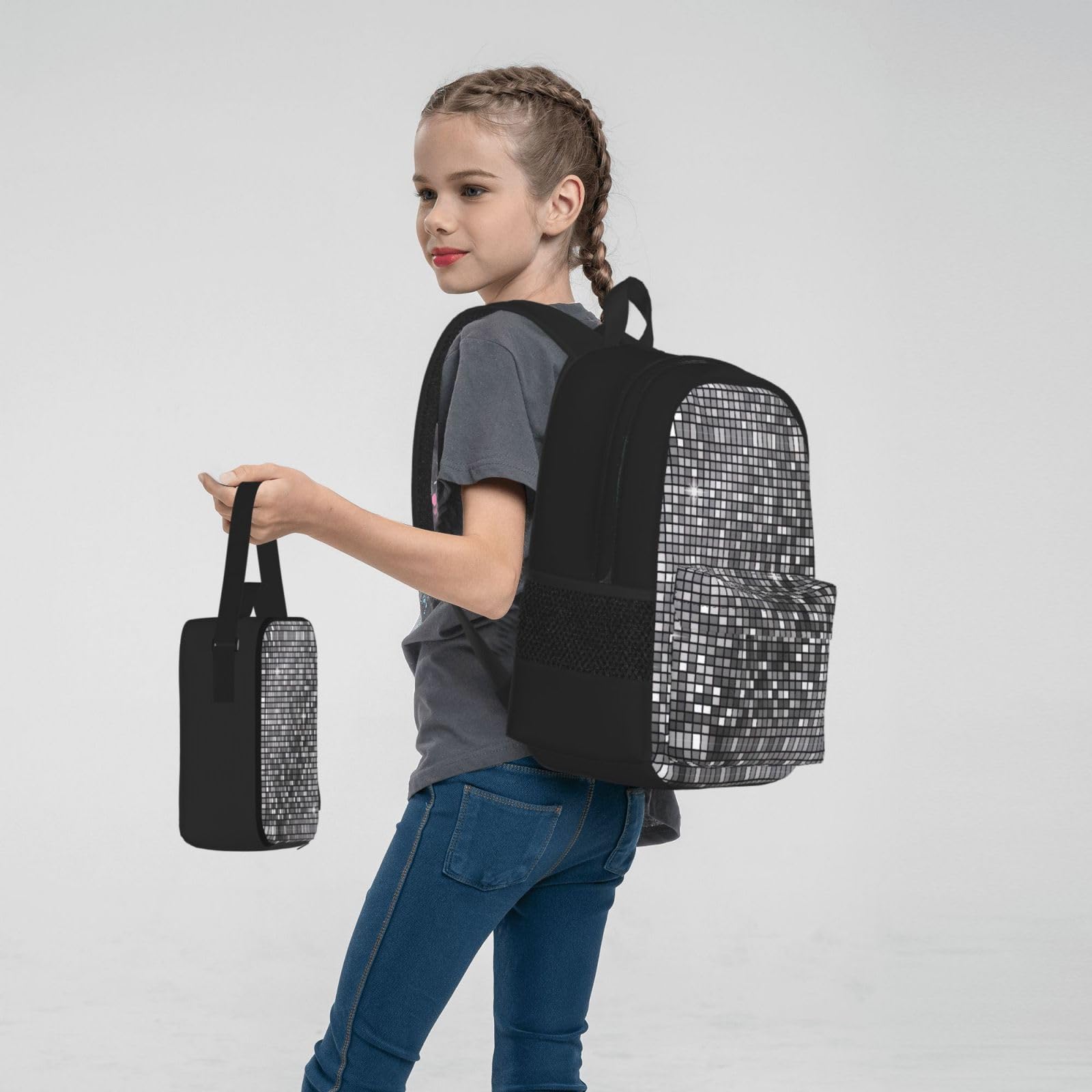 KoNsev 3pcs Backpack Sets,Silver Sequin Sparkle Pattern Printed Backpacks Set With Lunch Bag Pencil Pouch