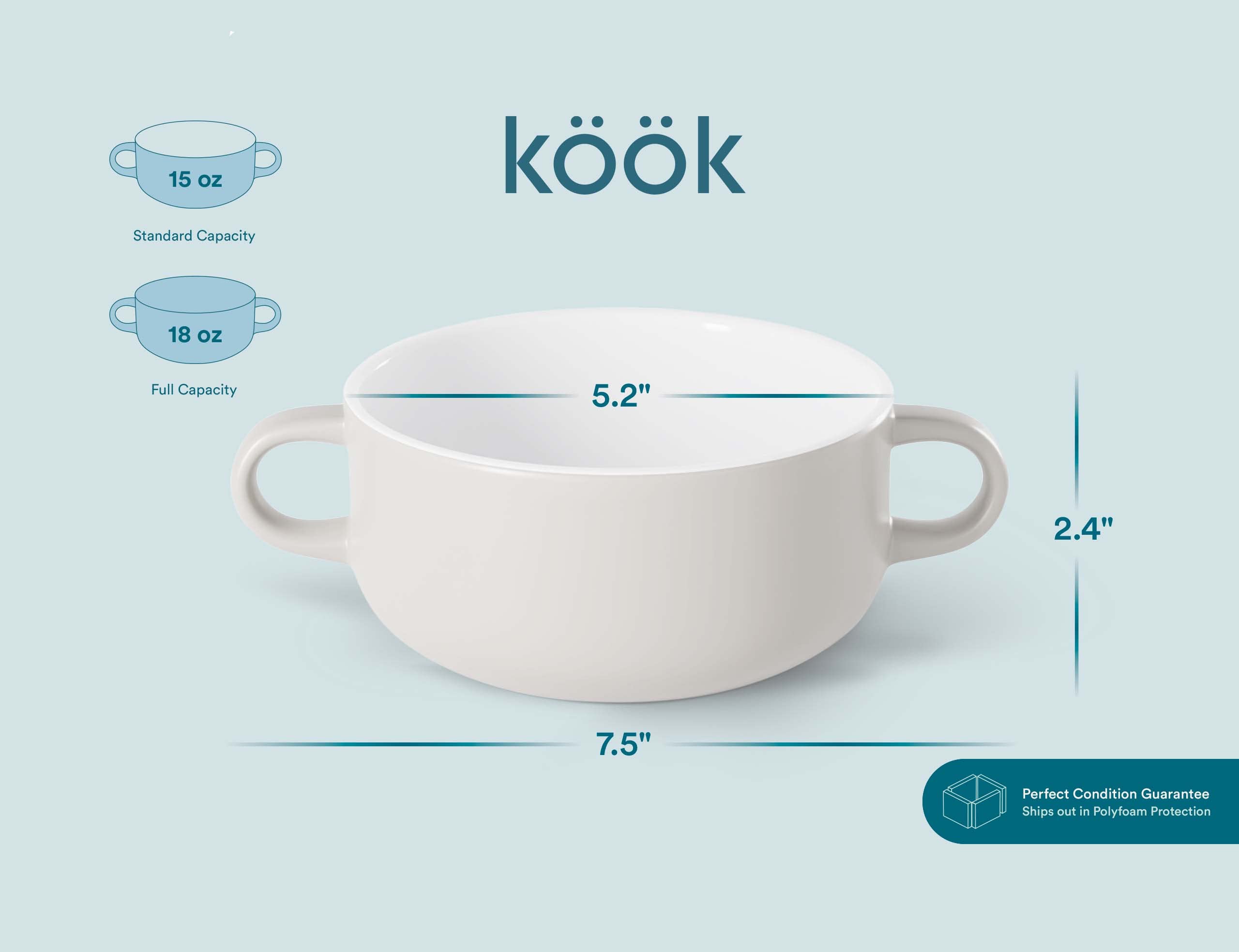 Kook Soup Crocks, Ceramic Bowls, Broil, Oven, Microwave and Dishwasher Safe, with Handles, For Casserole, Pasta, Cereal, 18 oz, Set of 4 (Coconut White)