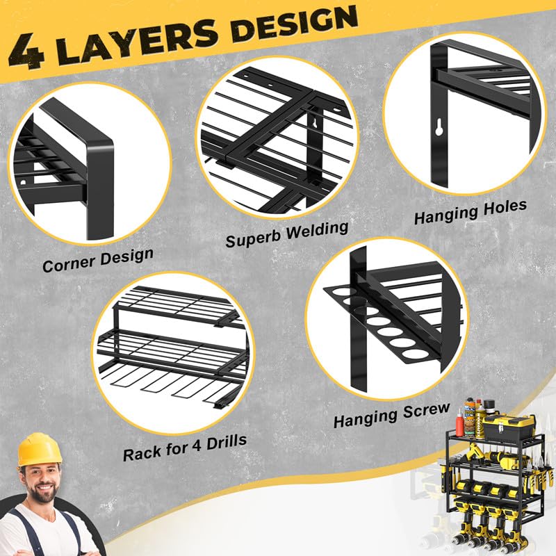 SPACECARE Power Tool Organizer,4 Drill Holders Wall Mount, 4 Layers Garage Organization Floating Cordless Drill Holder Heavy Duty Tool Organizers Utility Rack Floating Tool Shelf for 4 Drill Holders