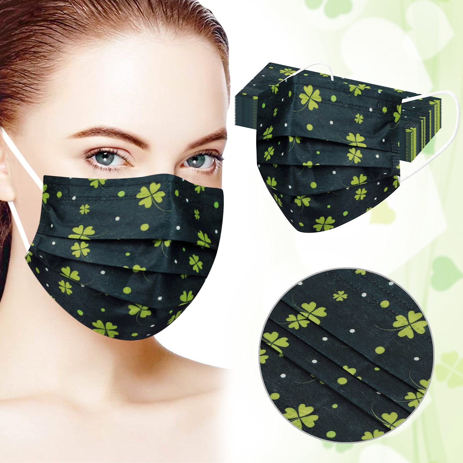 Rvikurc 50PC St.Patrick's Day Masks Disposable for Adult,3 Ply Facemasks with Green Shamrocks Gnome Designs,Holiday Facemask Outdoor