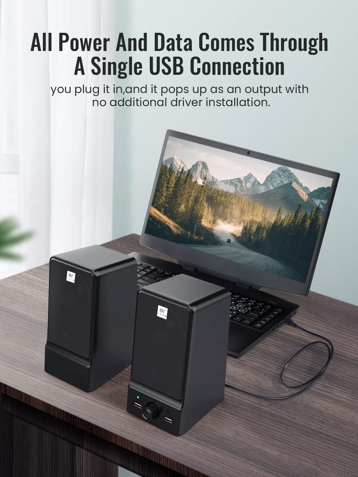 OROW USB Computer Speakers,Hi-Fi Stereo External Speakers for PC,16W Desktop Speaker,Built-in DSP Sound Chip, Deep Bass&Pure Vocal,Laptop Speakers with Headphone Jack(S203)