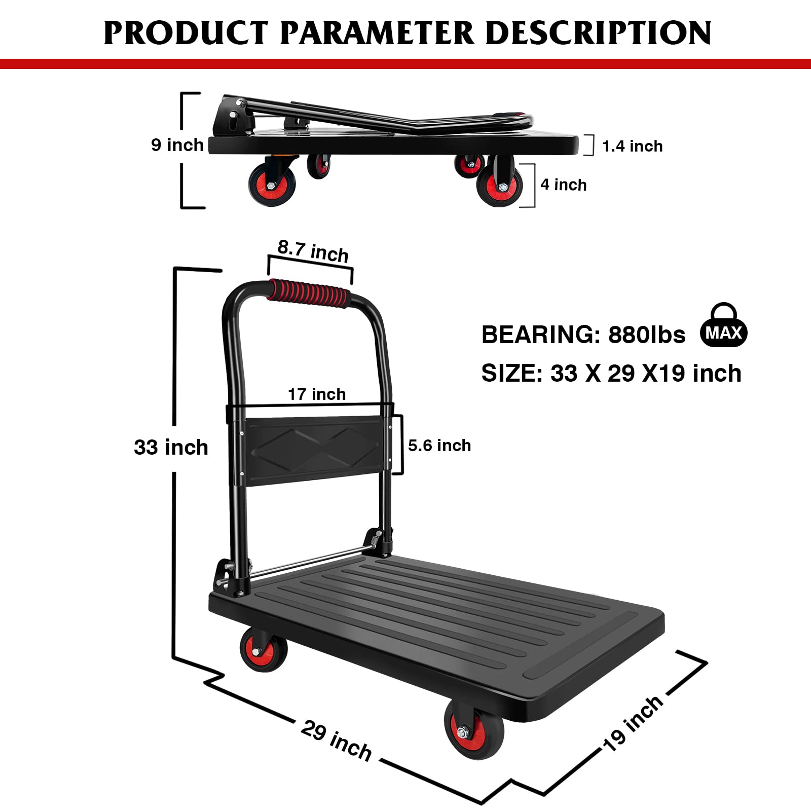 Platform Trucks Push Cart Dolly Heavy Duty with 880 LBS Capacity and Swivel Wheels 29"x19" Flatbed Hand Cart Flat Dolly Cart Easy Moving Storage for Groceries, Office, Garage, Warehouse