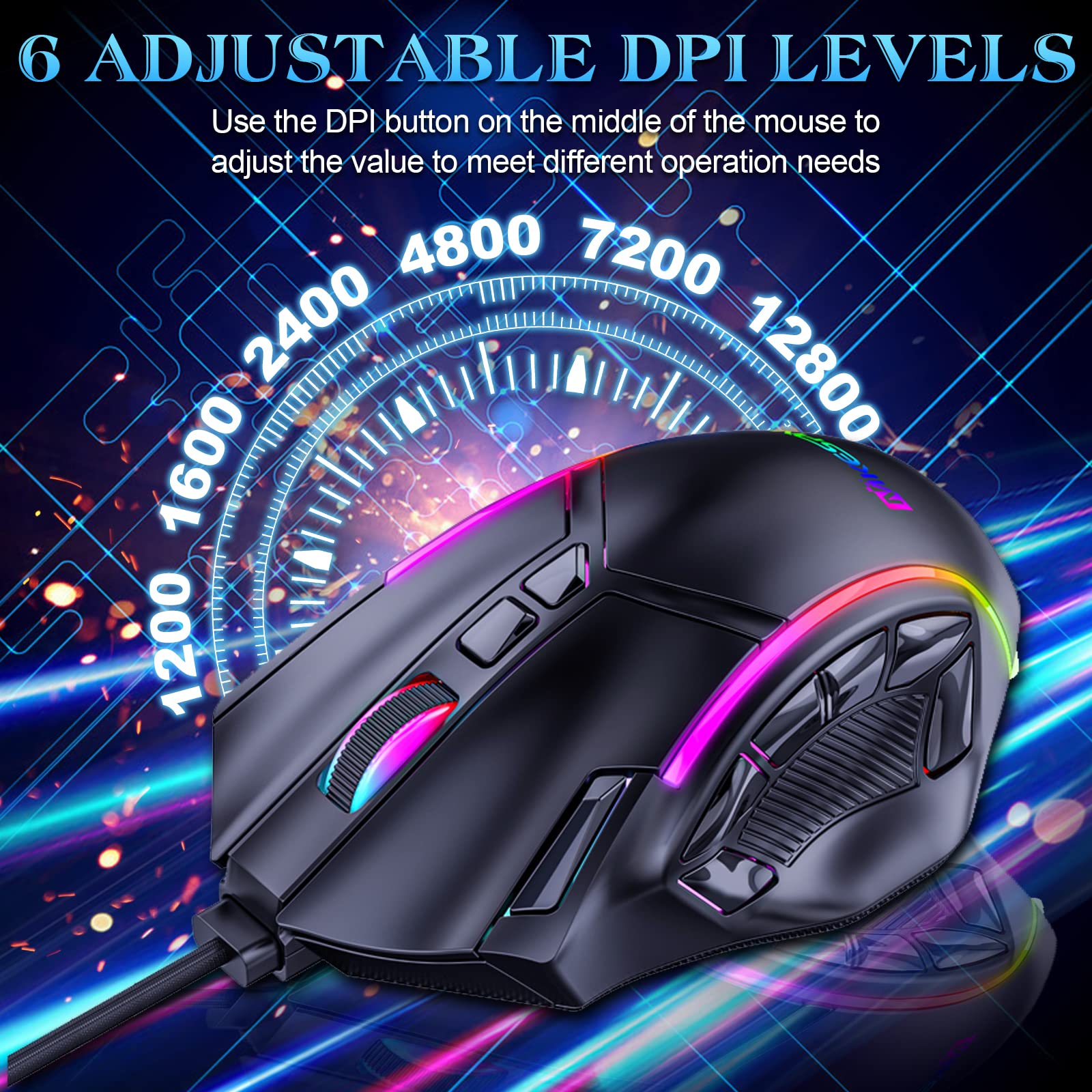 Scettar C44 programmable Wired Gaming Mouse with Side Buttons，6 DPI Level Adjustable、13kind of RGB Mouse ，12 Programmable Mouse Buttons，1000HZ Response Rate, Compatible with PC/Mac