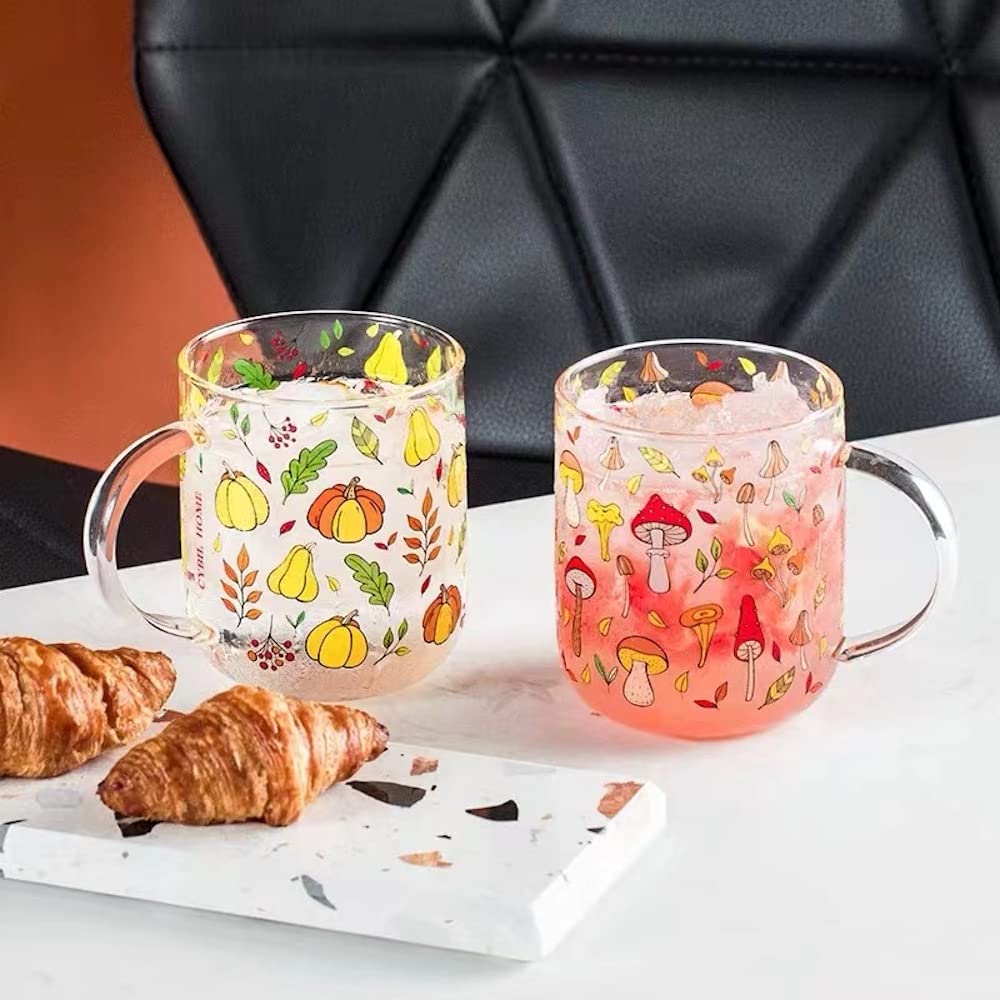 Mushroom Glass Mug with Gold Spoon Aesthetic Glass Cup with Cute Mushroom Patterns Mushroom Coffee Milk Mug Tea Cup Breakfast Drinking Mushroom Stuff (with Spoon)