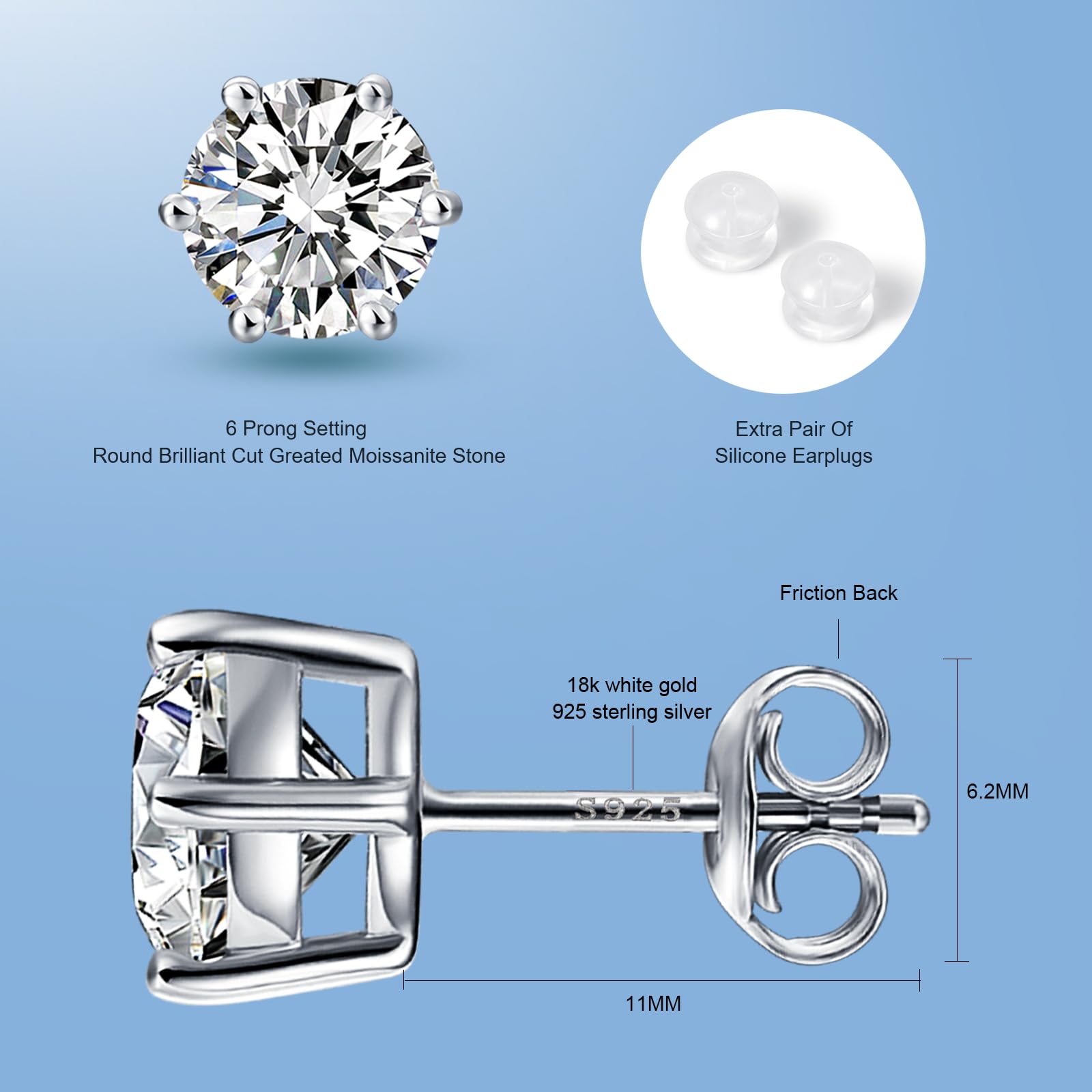 LOVEBHATIA Moissanite Earrings For Women, Lab Created Diamond Studs For Men, 925 Sterling Silver 18k White Gold-Plated Screw Back Round Cut D Color Vvs1 Clarity Diamond Stud Earings