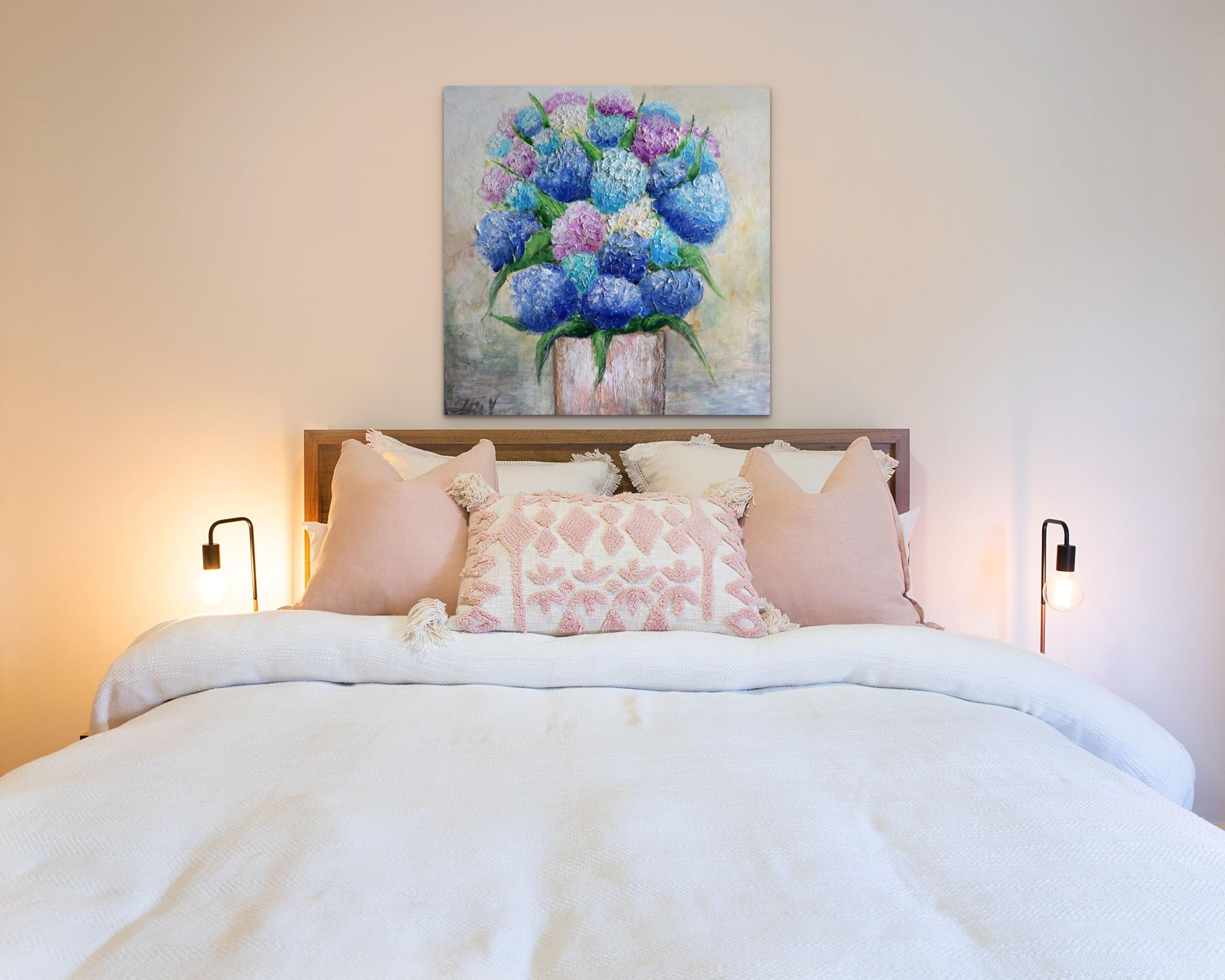 Hydrangea Flowers Blue Lavender White Bouquet in Ceramic Vase, Original Oil Painting
