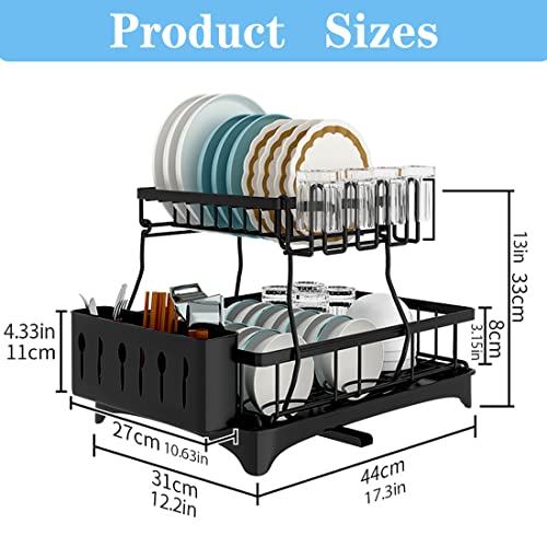 NIUXX Large Dishes Drying Rack Drainboard Set, 2 Tiers Stainless Steel Drainers Holder with Drainage Tray, Kitchen Counter Dish Dryer with Detachable Wine Glass Markcups Utensil Holder, Ideal Gift