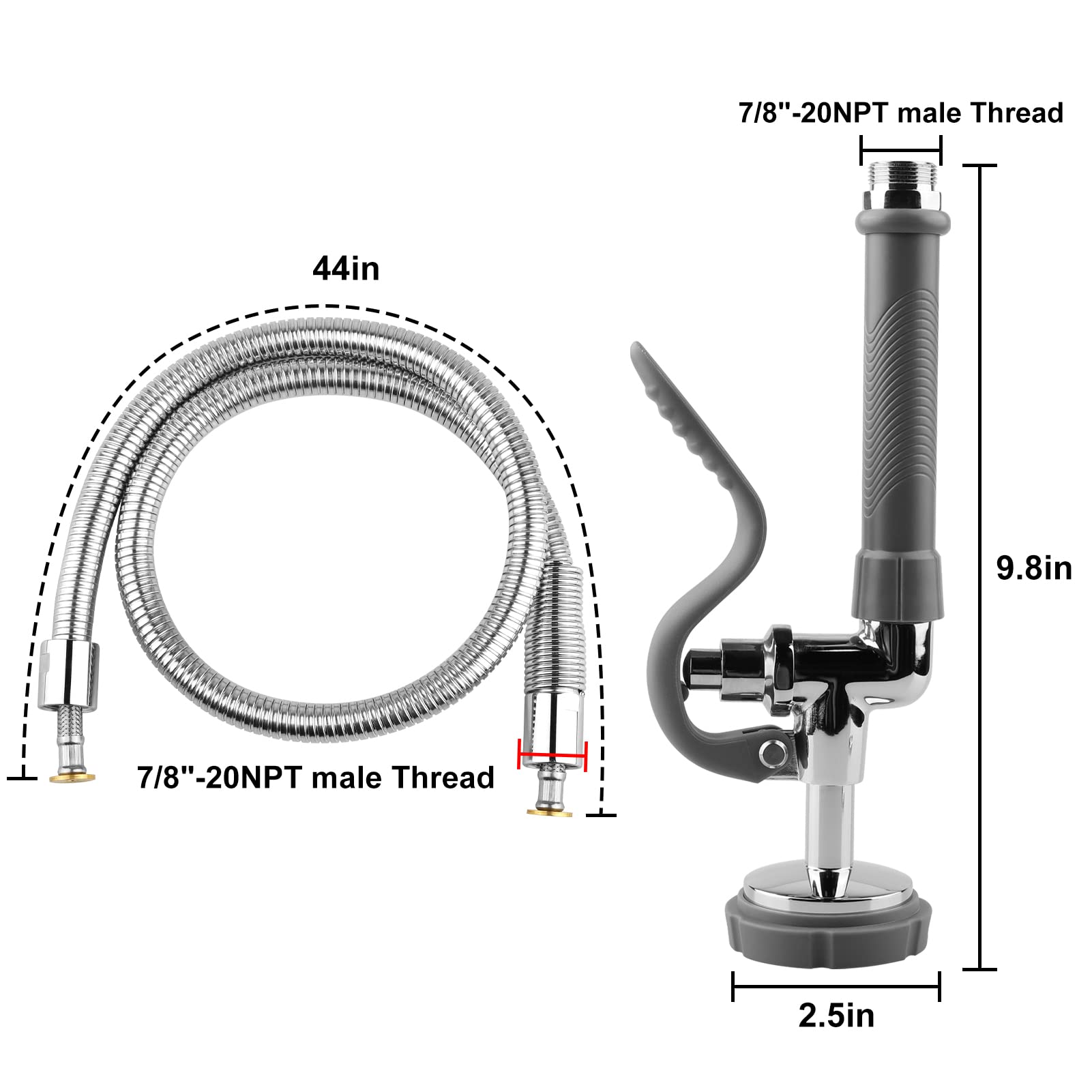 NETISR Commercial Sink Sprayer with 44" Flexible Stainless Steel Hose, Universal Pre-Rinse Dish Spray Valve Replacement Kit Assembly Sprayer Nozzle Head, Grey