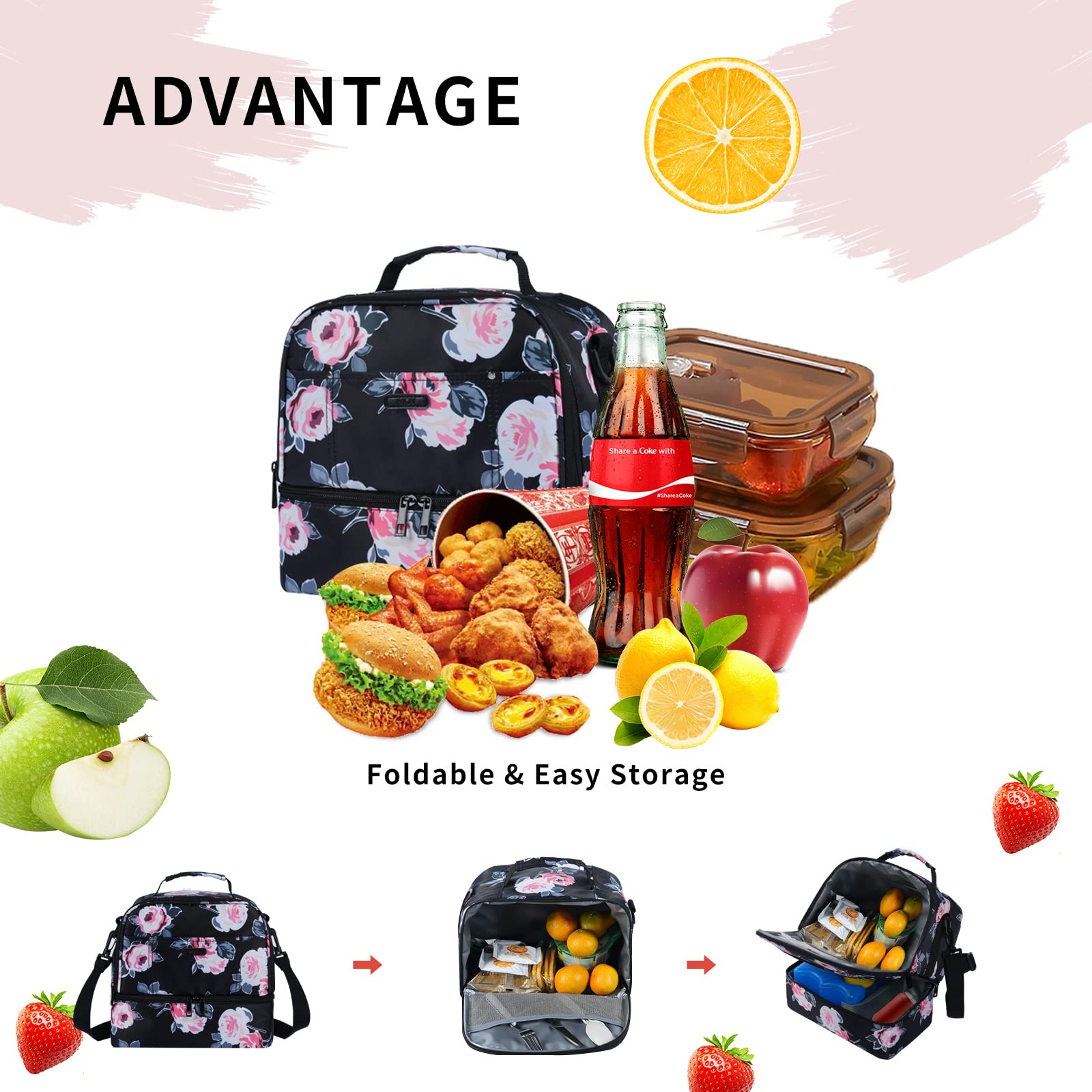 MOV COMPRA Movcompra Lunch Bag Women Flower Insulated Lunch Box for Work Double Deck Lunch Bag for Women