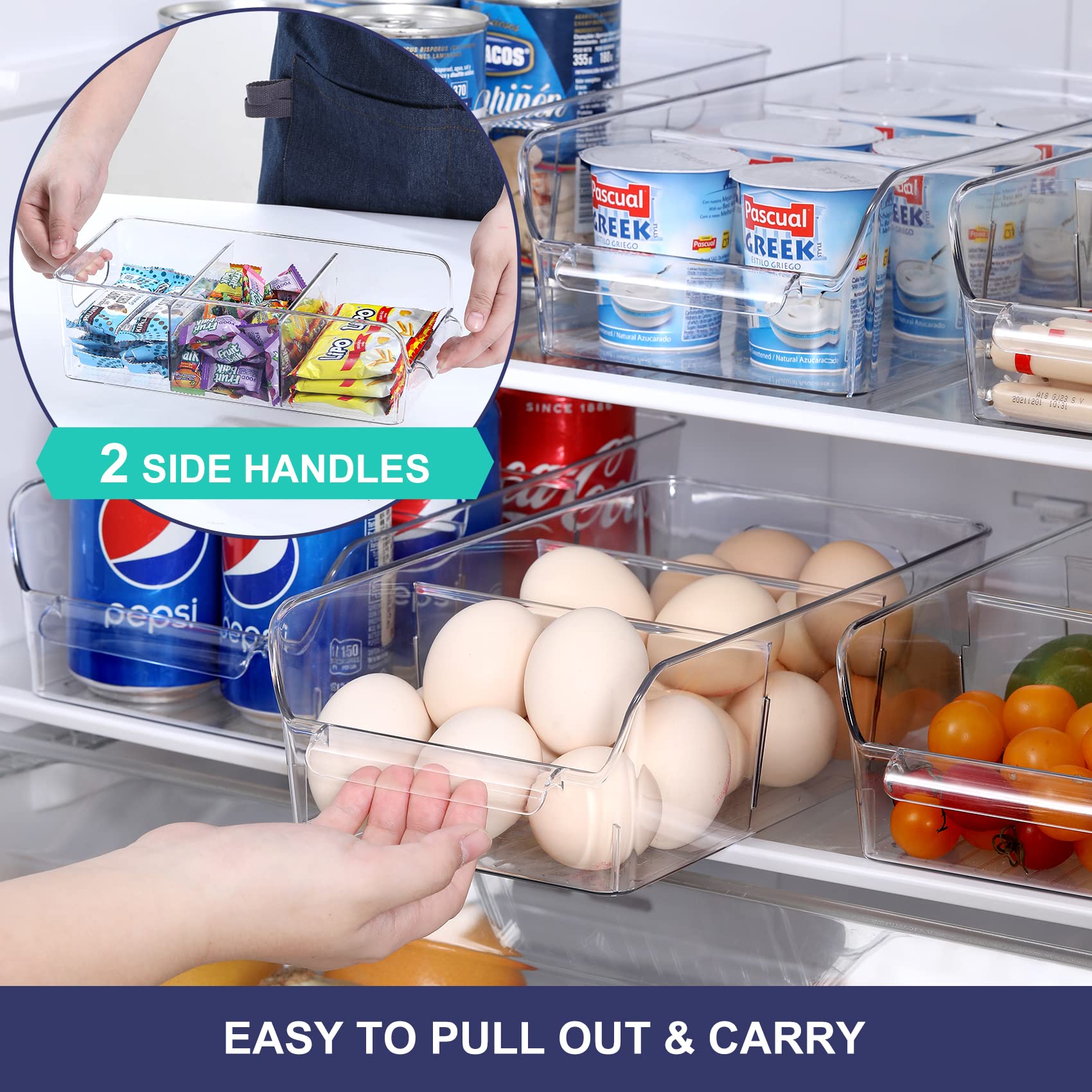 LANDNEOO 2 Tier Clear Organizer with Dividers + Set of 8, Stackable Clear Bins with Removable Dividers - Pantry Food Snack Organization and Storage - Multi-Purpose Plastic Home Organizer