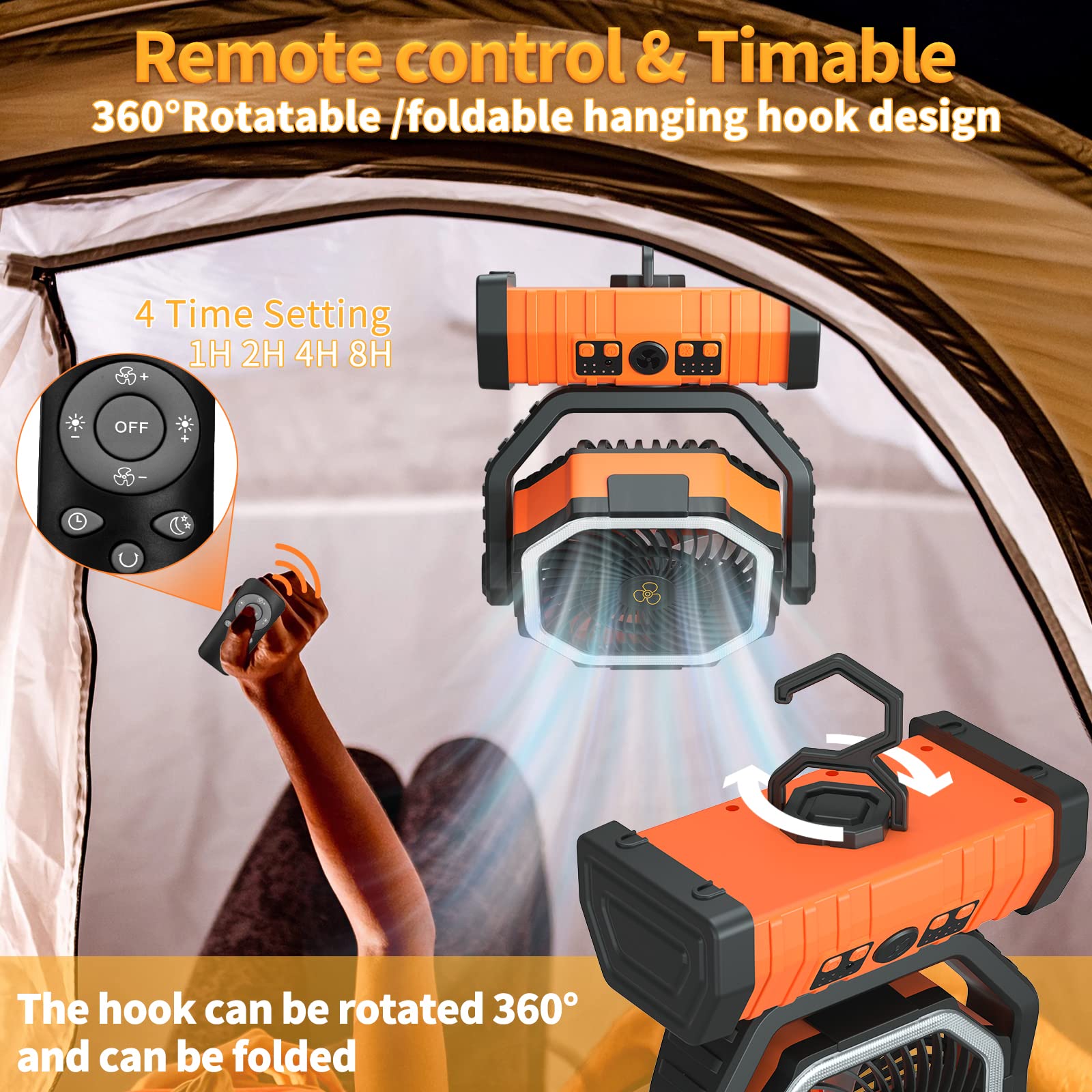 Portable Camping Fan Rechargeable with LED Lantern, 20000mAh Battery Powered Travel Fan with 1-8 Hour Timing Function, 270° Head Rotation, 4 Speeds Settings for Tents, Office, Desk, Camp and Fishing