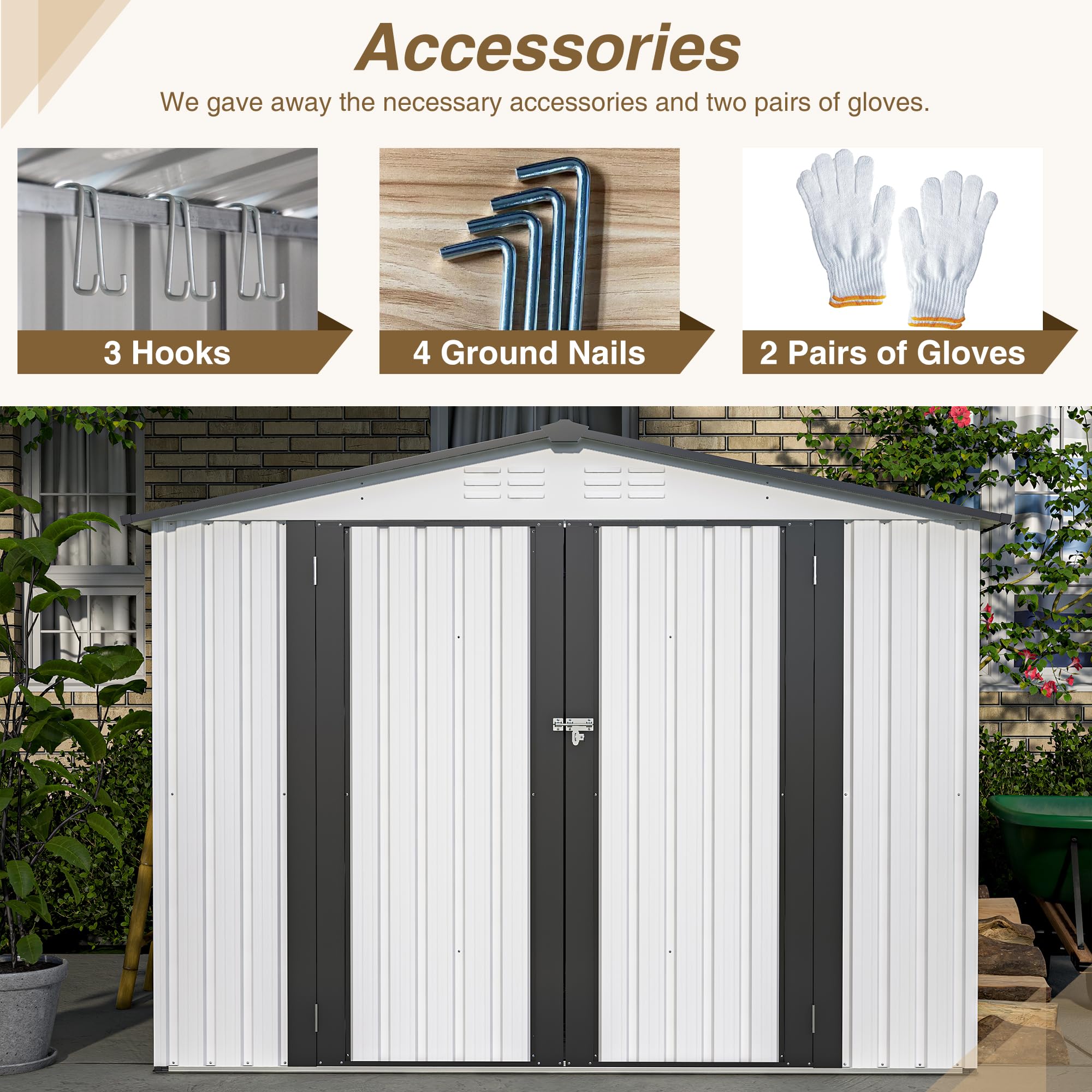 SPOWAY 8 x 6 FT Outdoor Storage Shed, Metal Storage Shed with Swinging Double Lockable Doors, Waterproof Outdoor Galvanized Steel Garden Shed for Backyard, Patio Lawn and Outside Use, White