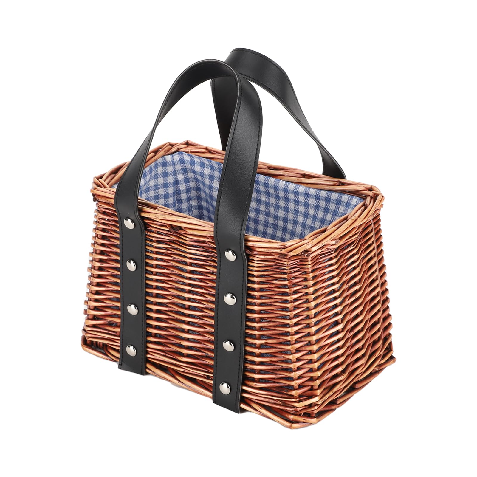 KINGWILLOW Wicker Trapezoidal Storage Basket Container with Handles, Small Organizer Box, Blue&White Lining