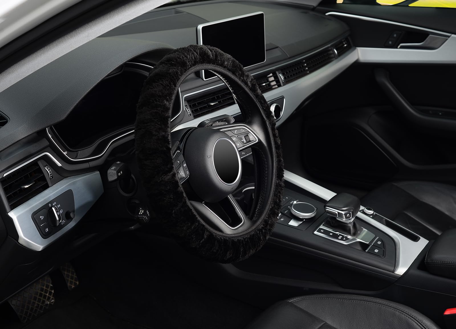 KAFEEK Elastic Long Microfiber Plush Steering Wheel Cover for Winter Warm, Universal 15 inch, Anti-Slip, Odorless, Black