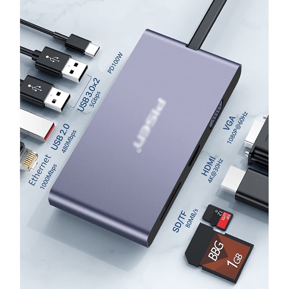 SOEN Hub Dock Adapter USB C Hub 9 in 1 Type C Adapter with Hidden Cable Dock Station (HDMI/VGA/Ethernet/2 USB 3.0/USB 2.0/SD and TF Slots/PD 100W) Computer Accessories