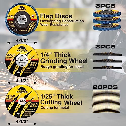 PRETEC 26 Packs Angle Grinder Cutting Flap Grinding Disc Wheel 4 1/2in Inches - 20 Packs 4.5"x1/4"x7/8" Cut Off Wheels,3 Packs 4.5"x7/8" 60 Grit Flap Discs, 3 Packs 4.5"x1/25"x7/8" Grinding Wheels
