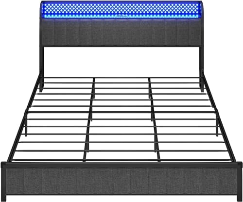 KAHXI LED King Size Bed, Modern Frame with LED Lights Headboard Upholstered Platform Bed,Dark Grey Bed Comfrot for Youth, Adult Bedroom, No Box Spring Needed, Noise-Free