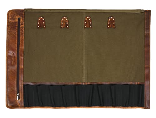 Leather Canvas Knife Roll Storage Bag Expandable 10 Pockets Detachable Shoulder Strap Travel-Friendly Chef Knife Case Roll By Aaron Leather Goods (Louisville, Canvas Leather)