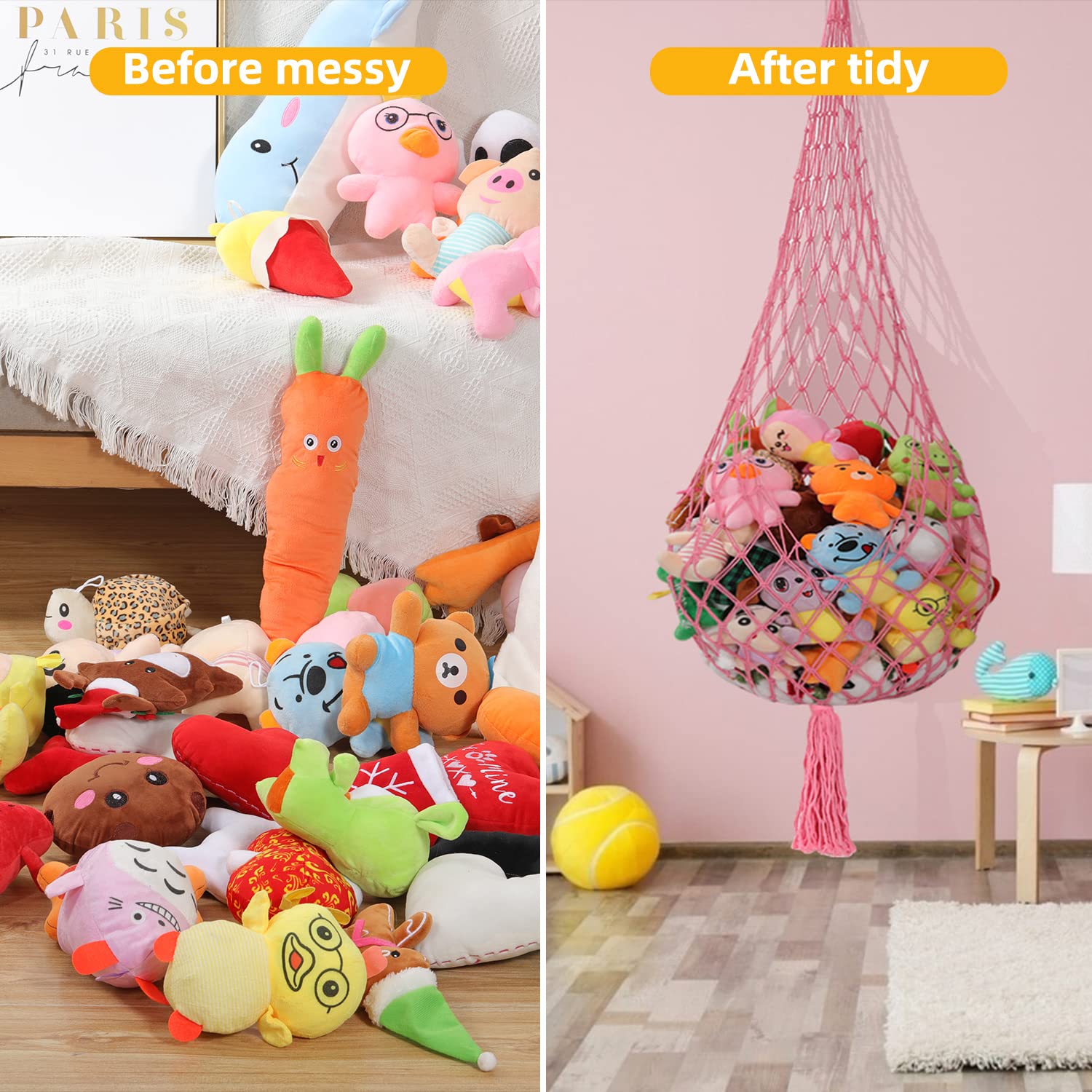 Stuffed Animal Storage Net Hammock, Display Large Plush Toy! Single Hook Ceiling Wall Hanging Stuffed Animal Holder with Swag Hook, Corner Toy Storage Organizer for Kids Bedroom Playroom (Pink)