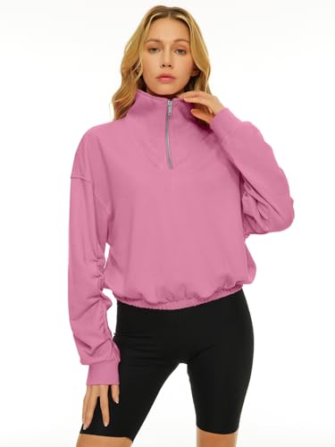 Trendy Queen Half Zip Pullover Womens Sweatshirts Cropped Hoodies Quarter Zip Long Sleeve Fall Outfits Fashion Clothes 2023 Pink