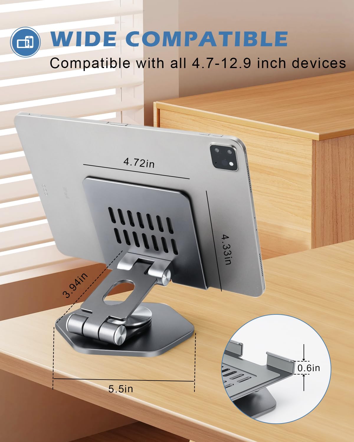 SOJUNER Tablet Stand Holder for Desk, Swivel iPad Stand with 360 Rotating Base, Aluminum Foldable Desktop Stand Holder Compatible with All Tablet Such as iPad Pro 12.9,11,10.5,9.7, Grey