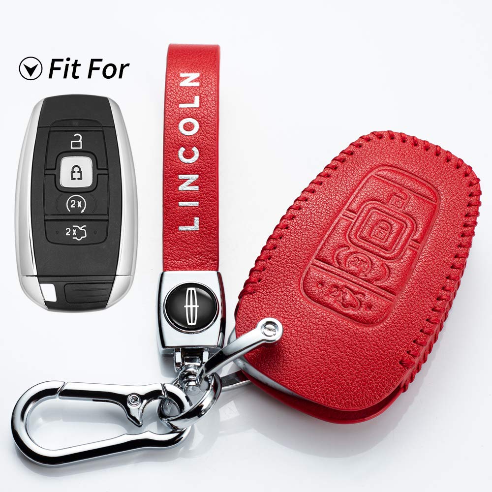 Leather Car Key Fod Cover Case Protector Keyless Compatible with Lincoln 2017 2018 2019 Lincoln Continental MKC MKZ Navigator Smart Entry Remote Key Holder 4 Buttons