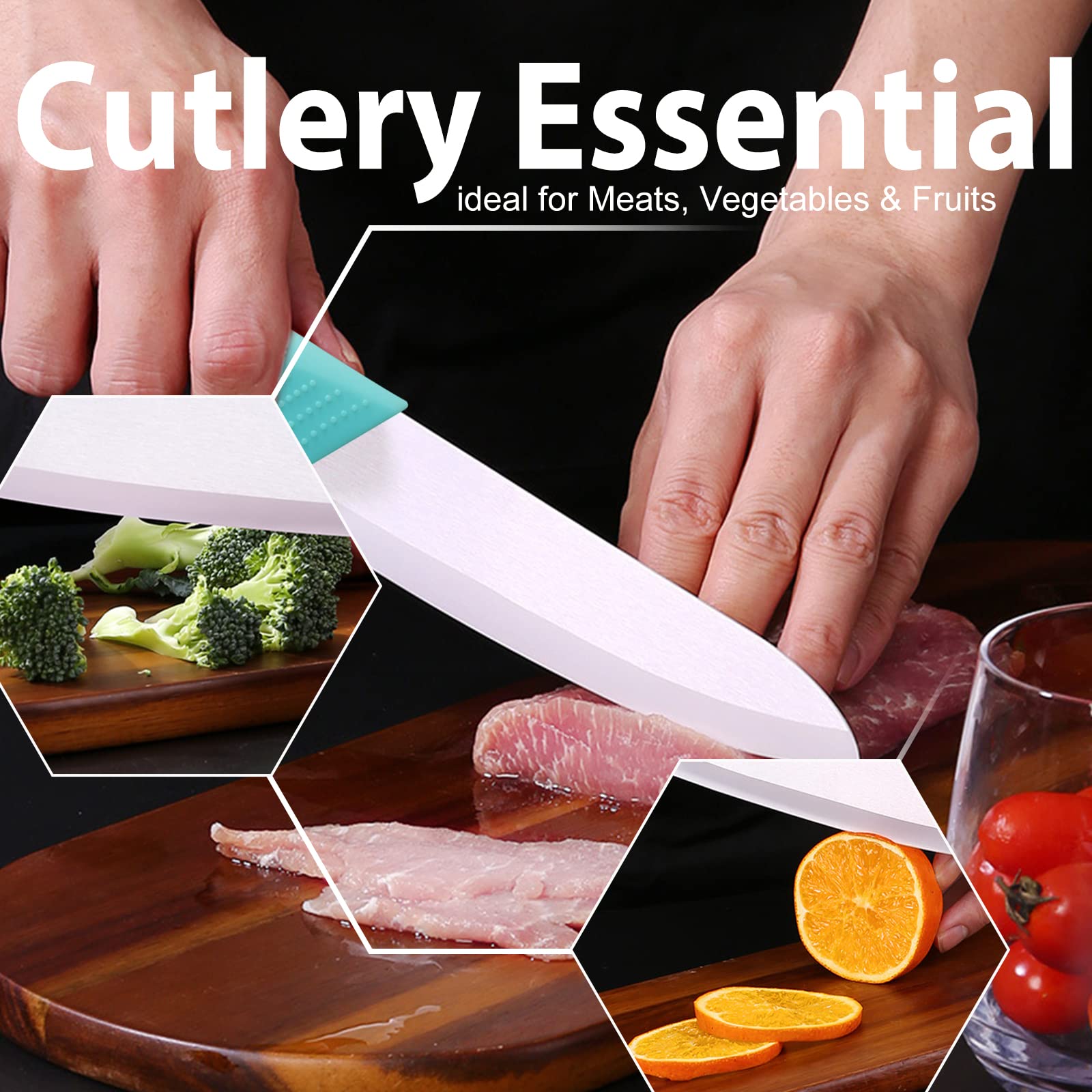 Rynal Ceramic Knife Chef Knife Meats Fruits Vegetables Knife - Sharp Ceramic Kitchen Knife with Sheath Cover - 6 Inch Aqua Cooking Knife