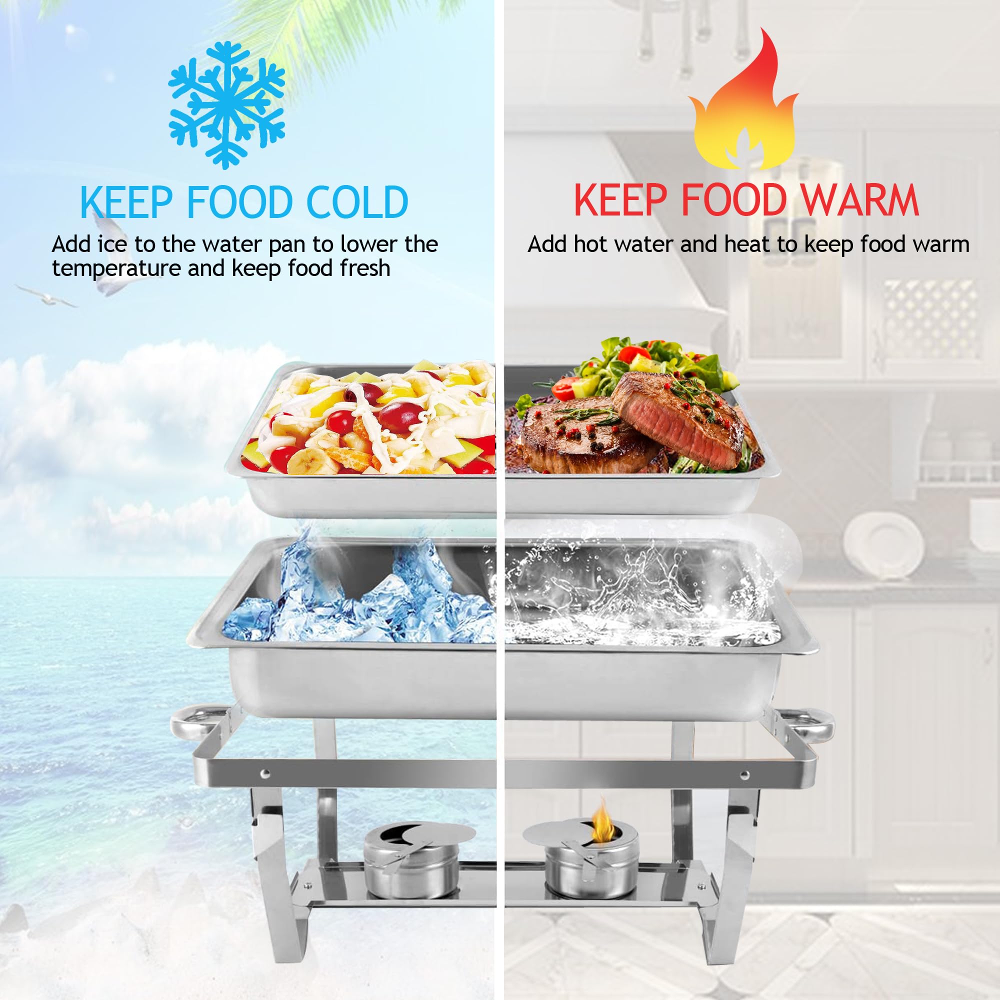 MRIISEL Chafing Dish Buffet Set - 4 Pack, 8 Quart Stainless Steel Chafer Buffet Servers and Warmers Set with Folding Frame for Weddings, Parties, Banquets, and Catering Events