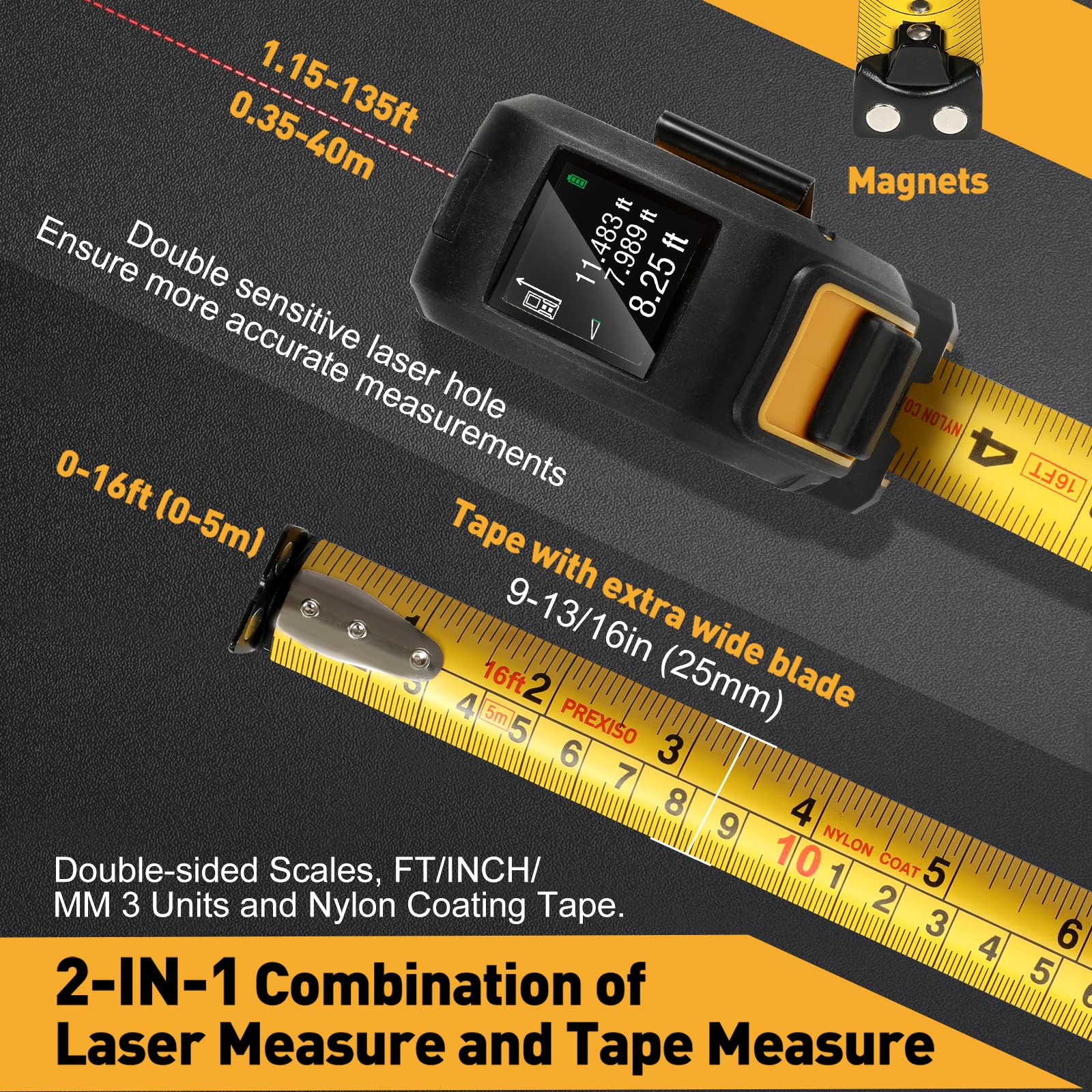 PREXISO 100Ft Rechargeable Dual Modules Laser Level & PREXISO 2-in-1 Digital 135Ft Rechargeable Laser Tape Measure - Pythagorean Mode, Area, Volume, Ft/Ft+in/in/M Unit Digital Distance Meter