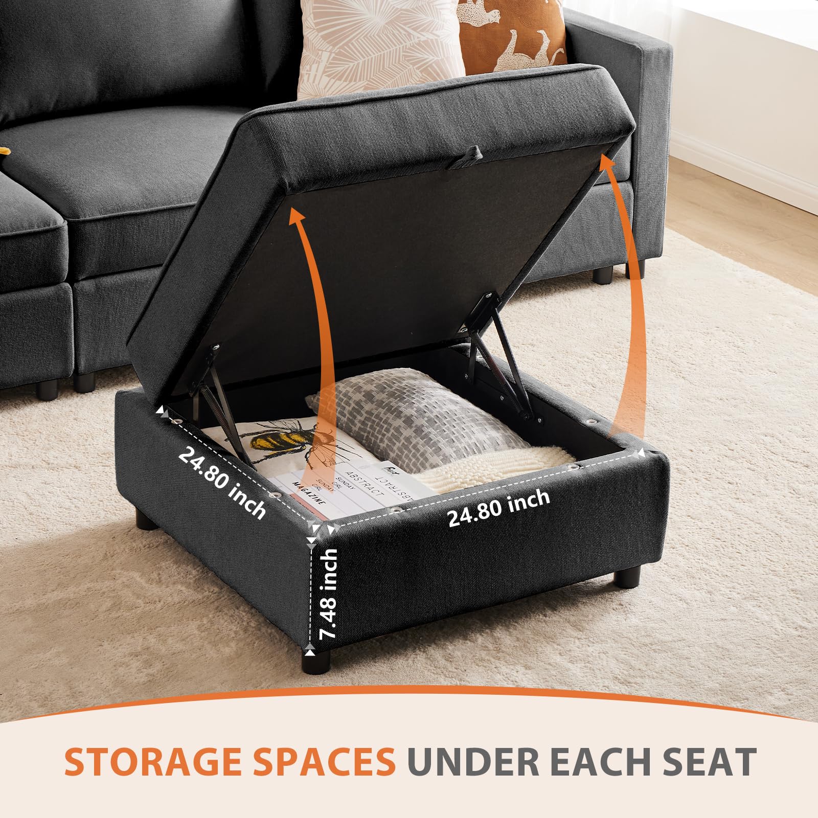 Sweetcrispy Convertible Small Sectional Sofa Couch, 5 Seat 6 Back Sofa Set with Large Storage for Living Room, L-Shaped Modular Sofa Sleeper with Ottoman, Comfy Sofa Couch with Extra Deep Seats, Grey