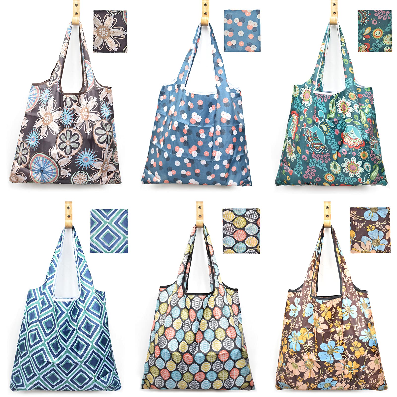 MRYUWB 6 Pcs Set Reusable Grocery Bags, Foldable Shopping Bags, Large Groceries Bags with Pouch Bulk, Ripstop, Easy Carrying,Waterproof, Eco-Friendly, Machine Washable Nylon Tote Bag (Elegant Vintage)
