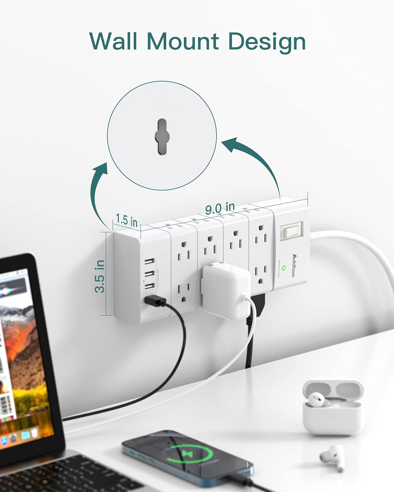 Power Strip Surge Protector - Addtam 16 Outlets(4-Side) and 4 USB Ports 5 Ft Flat Plug Extension Cord, Overload Surge Protection Outlet Strip, Wall Mount for Home, Office and More