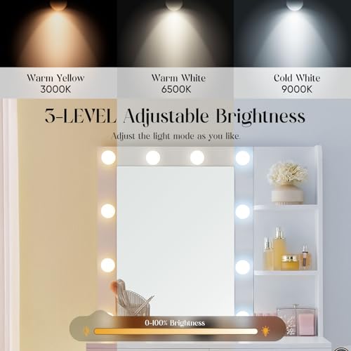 Vanity Desk with HD Mirror and Brighter Lights, 3-Colour Hollywood Brighter Bulbs, Cushioned Storage Stool, 6 Storage Spaces, Vanity with Power Strip & Hairdryer Holder, Bedroom Makeup Vanity, White