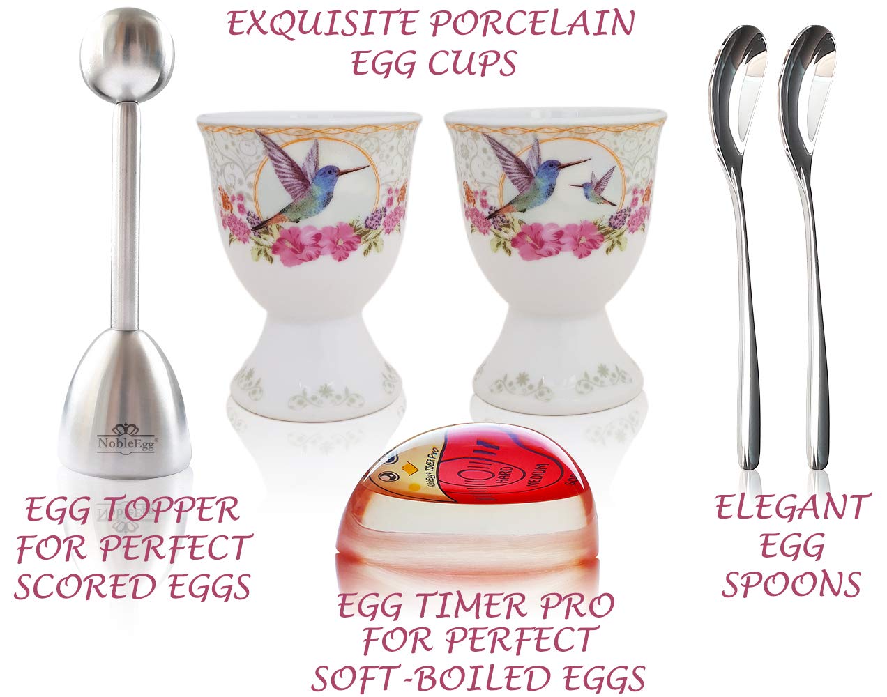 NobleEgg Complete Egg Cracker Topper Set | Unique Egg Cups for Soft Boiled Eggs, Egg Timer Pro, True 18/10 Egg Spoons, Egg Topper, Stylish Gift/Storage Box