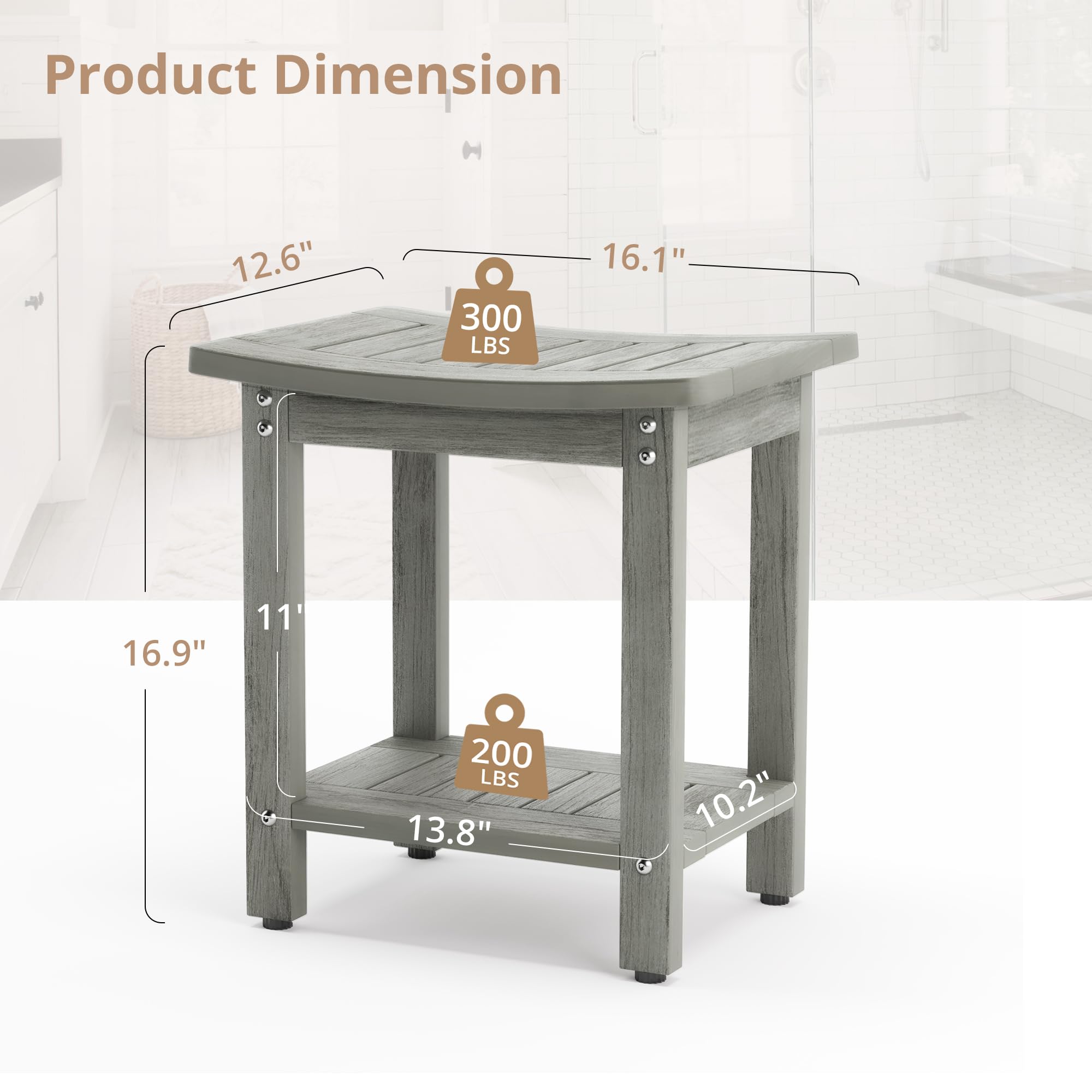 LUE BONA HDPS Shower Bench Seat, Gray Shower Stool for Inside Shower Waterproof, Bath Spa Shower Foot Stool for Shaving Legs with Storage Shelf, Weather Resistant/Non-Slip/Indoor or Outdoor Use