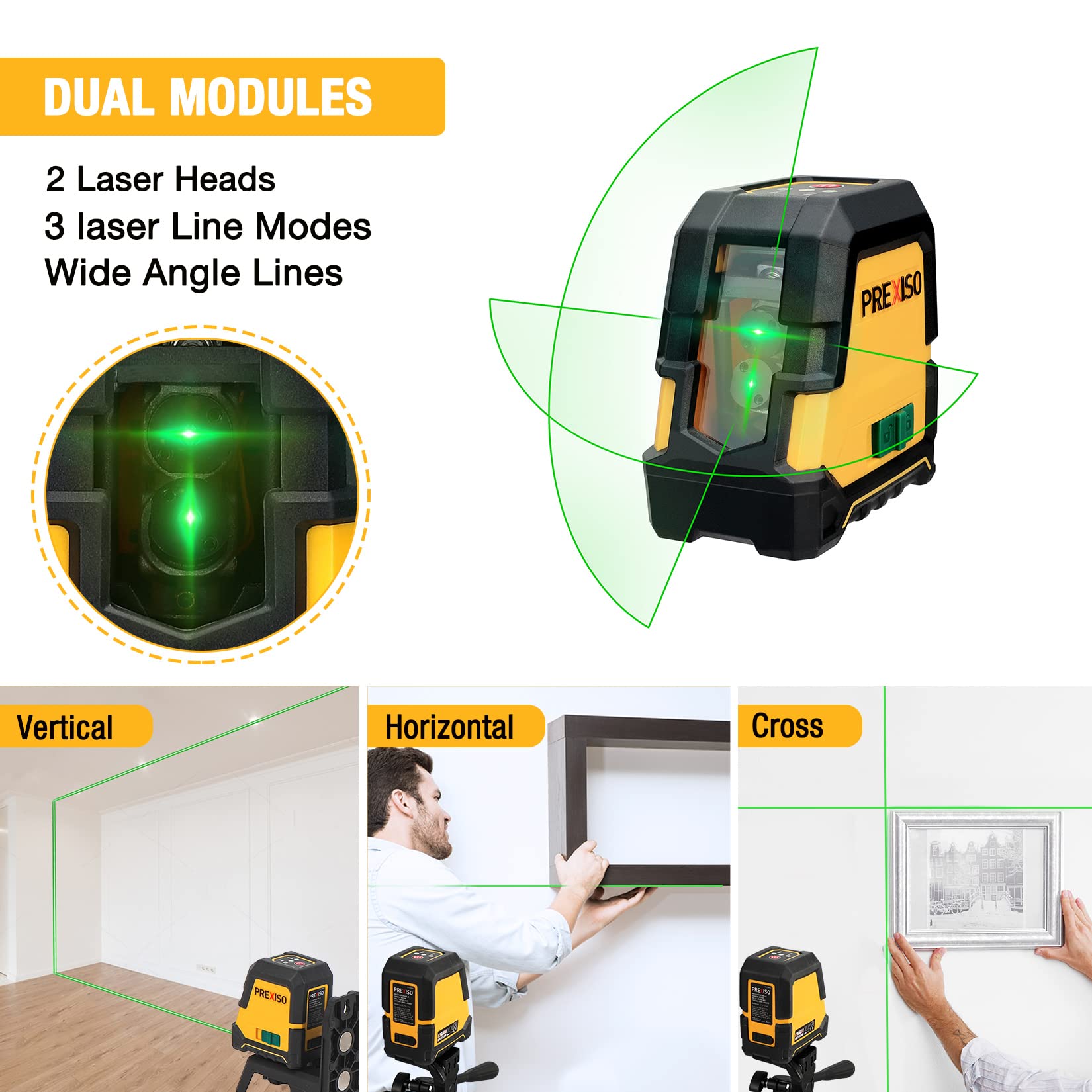 PREXISO Laser Level Self Leveling - 100Ft Rechargeable Cross Line Laser, Green Line leveler Tool for Construction, Floor Tile, Home Renovation with Magnetic Pivoting Base, Target Plate & Portable Bag