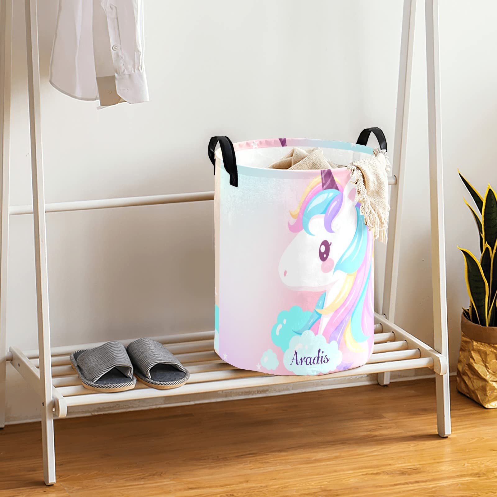 Rainbow Unicorn Personalized Laundry Hamper,Custom Name Collapsible Waterproof Laundry Basket Storage Bins with Handle for Clothes,Toy,Nursery