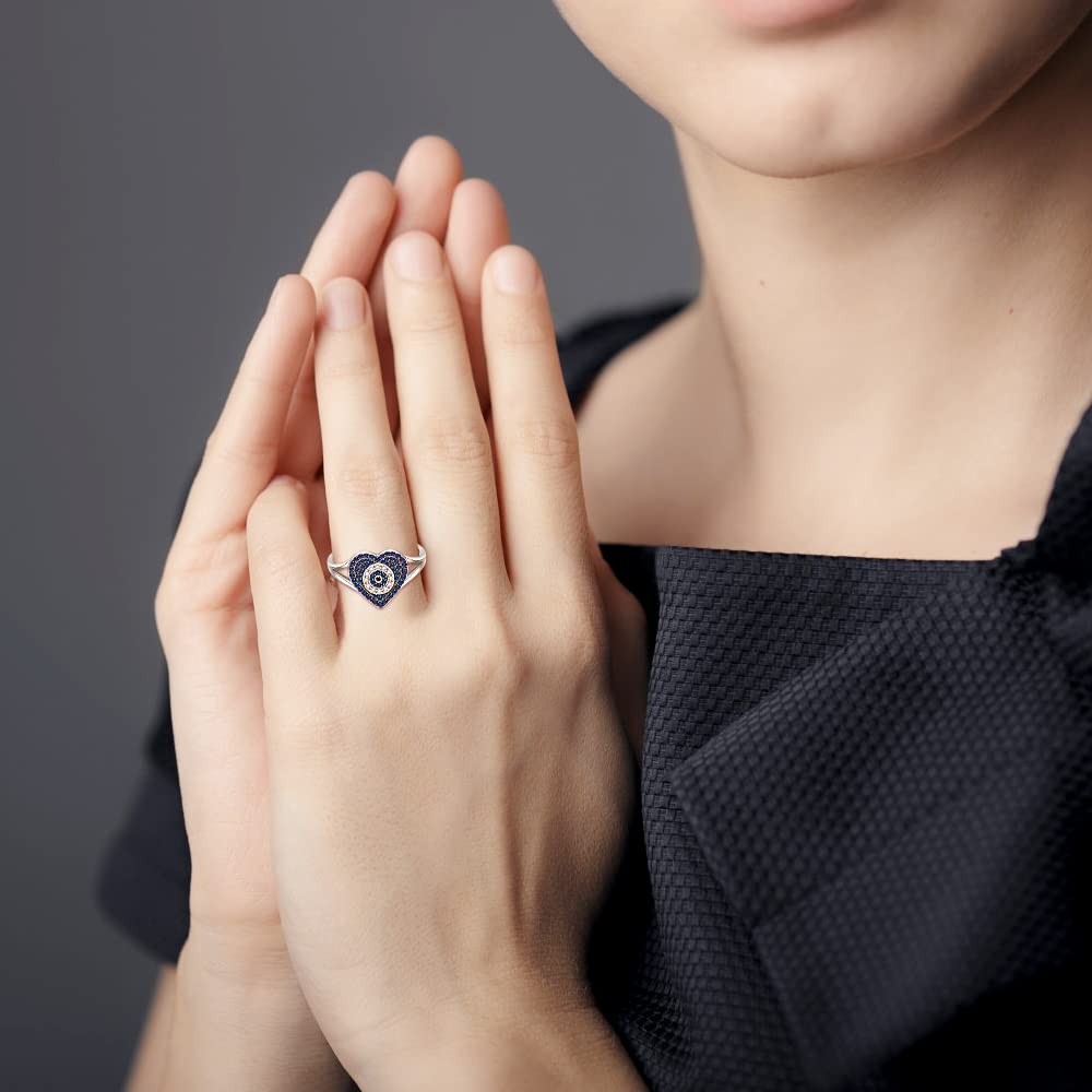 LOVGIFSET Evil Eye Ring Sterling Silver Turkish Evil Eye Rings for Women Blue Eyes Sapphire Protection Mal De Ojo Nazar Jewelry Size 7