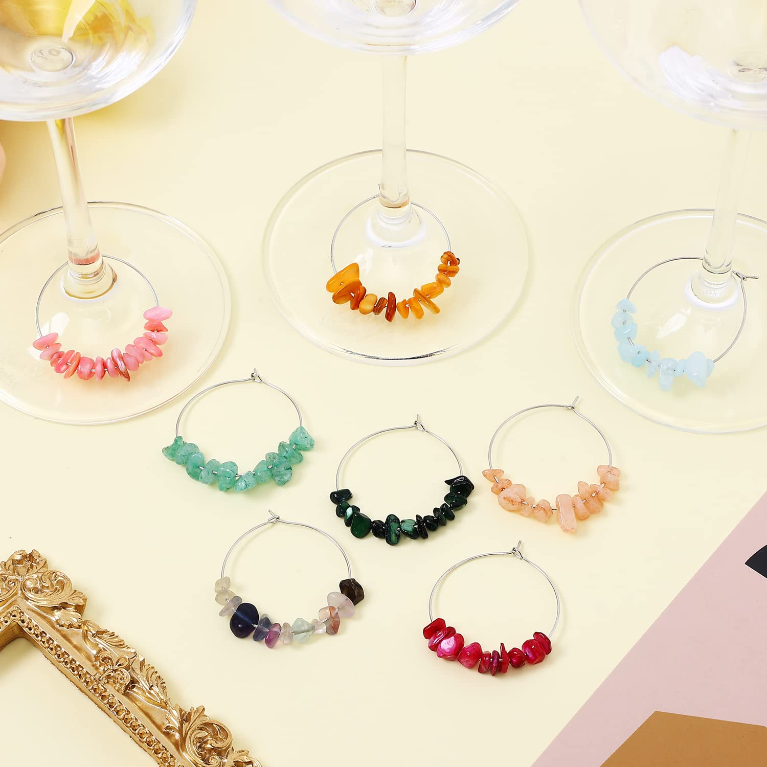 Pride & par 24 Pcs Nature Gemstone Beads Wine Charms for Glasses,Wine Glass Markers,Drink Markers for Stem Glasses,Wine Glass Decoration for Weddings,Parties