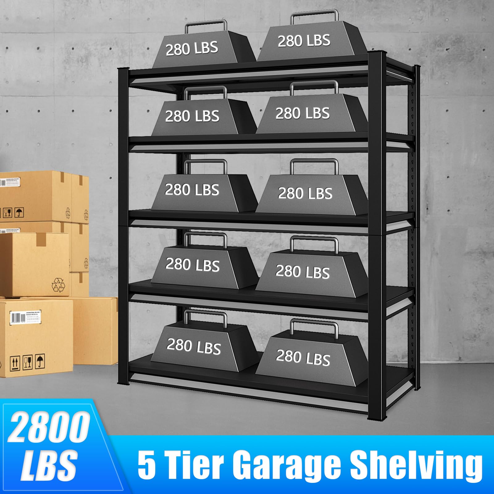 Rufokisa 48" W Garage Shelving Heavy Duty,2800LBS Loads Adjustable Garage Storage Shelves,5-Tier Metal Storage Racks and Shelving Units, Utility Rack Shelves,48”W x 18”D x 78”H,Black