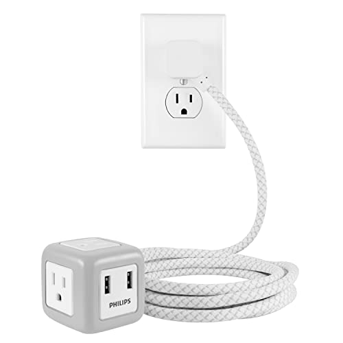 Philips 3-Outlet Cube Cord with 2 USB-A Ports, 10 Ft Extension Cord, Adapter Spaced Outlets, Grounded, Space Saving, Flat Plug, Outlet Extender, Rubberized Finish, ETL Listed, Gray/White, SPS3102WB/37