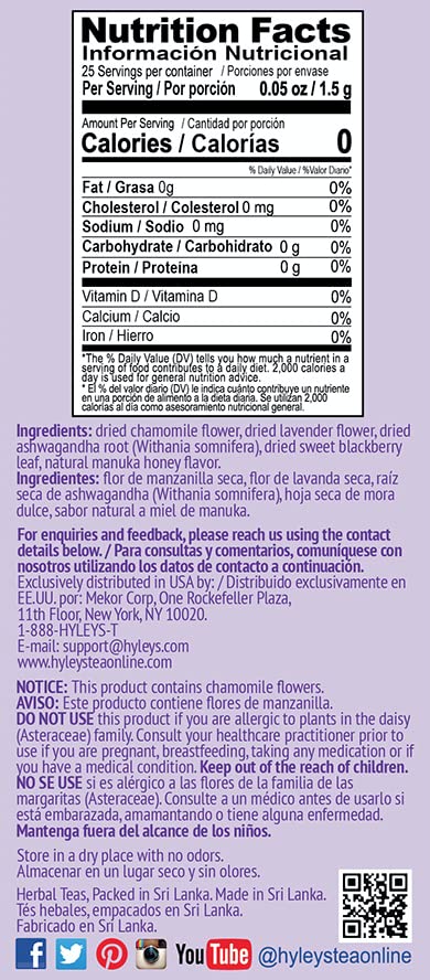 Hyleys Calm Tea with Ashwagandha - Lavender & Honey Flavor - Caffeine-Free, 100% Natural Herbal Tea - 25 Tea Bags