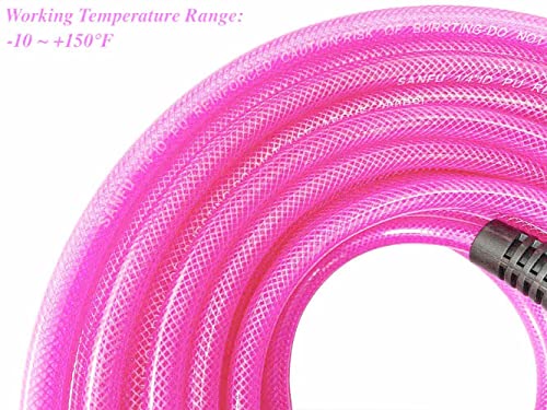 SANFU Polyurethane(PU) 1/4-Inch x 100ft Reinforced, lightweight Air Hose with 1/4β Swivel Industrial Quick Coupler and Plug, Bend Restrictor, Transparent Pink(100β)